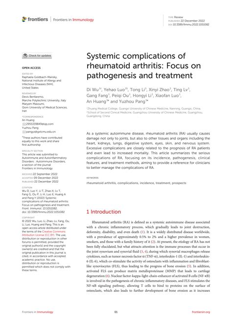 Solution Systemic Complications Of Rheumatoid Arthritis Focus On