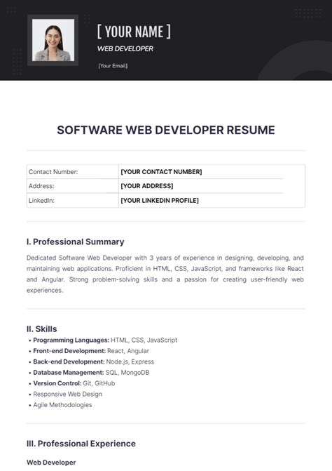 Free Software Web Developer Resume Template To Edit Online