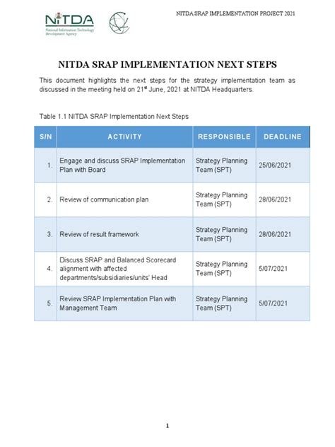 Nitda Srap Implementation Next Steps S N Activity Responsible Deadline Pdf