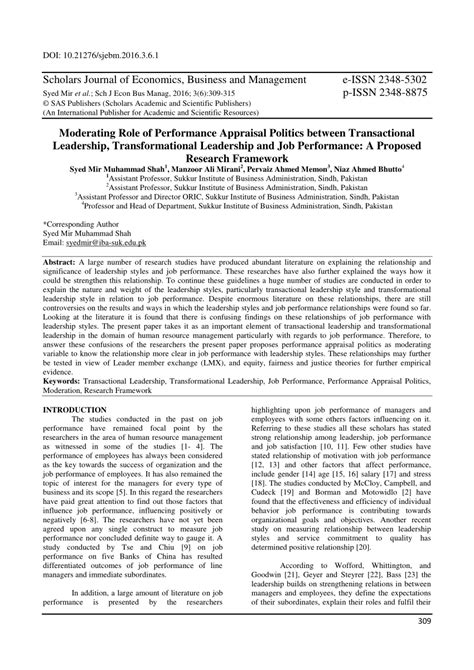 Pdf Moderating Role Of Performance Appraisal Politics Between Transactional Leadership