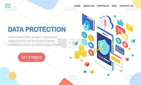 数据保护。网络安全，密码隐私访问。3d等距手机与钥匙，盾牌，锁，文件夹，云，文件，信用卡，钱，信息。