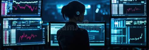Woman Analyzing Data On Multiple Screens In A Dark Room Technology Concept Stock Illustration