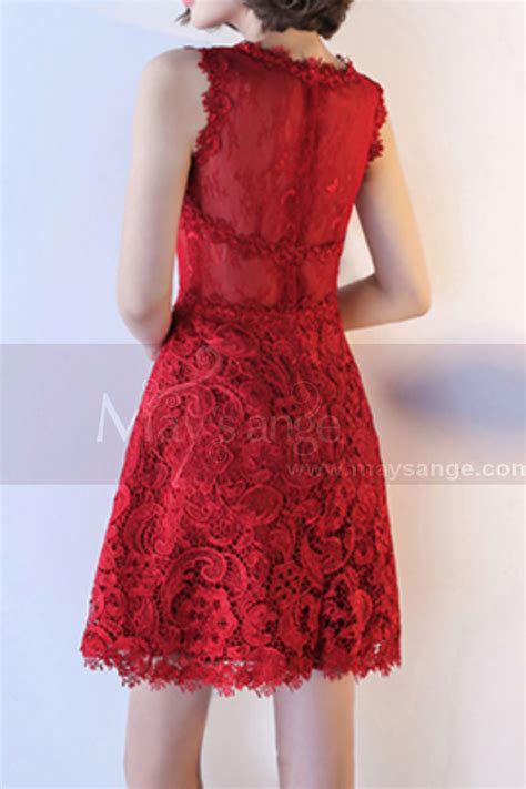 Short Sleeveless Red Lace Evening Dress