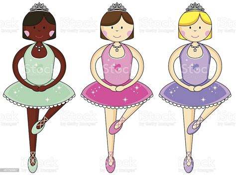Three Cute Ballerinas Wearing Green Pink And Purple Tutus Stock