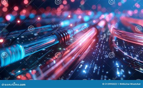 Fiber Optics Cables With Illuminated Ends Transmitting Data Vibrant Blue And Red Lights Stock