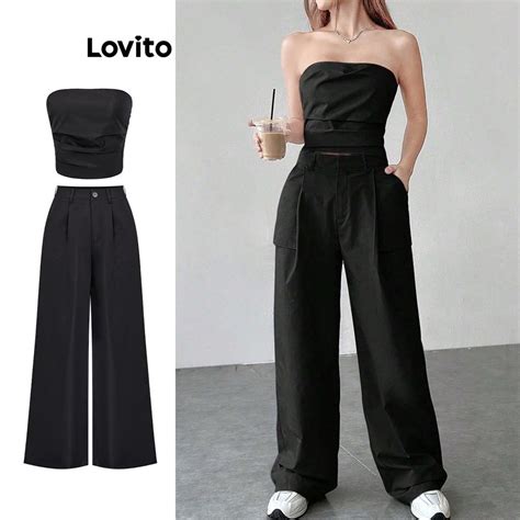 Lovito Casual Conjunto Feminino Liso de Calça Plissada Bolso L80ED396 Shopee Brasil
