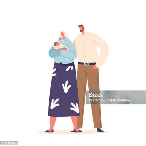 사랑하는 부모 캐릭터는 갓 태어난 아기를 손에 안고 소중한 유대를 소중히 여기며 기쁨을 품고 있습니다 가족에 대한 스톡 벡터