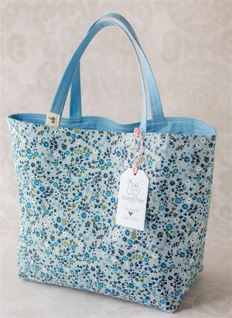 Blue Floral Print Chubby Tote Bag Cotton Shoulder Tote Handbag For