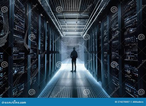 Person Navigating Labyrinth Of Racks And Servers In Data Center Stock
