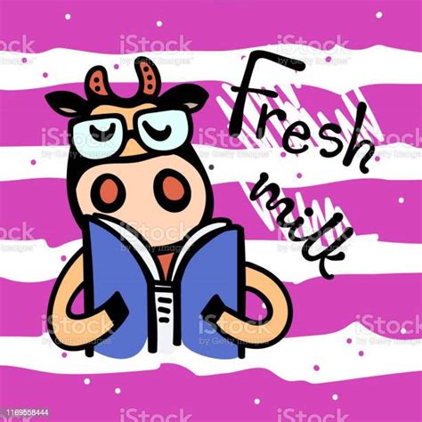 벡터 일러스트 라인 만화 스마트 암소 안경을 착용 하 고 책을 읽는 책 줄무늬 분홍색 배경에 손으로 그린 패키지 포스터 라벨 디자인 배너 전단지 등에 적용 가능 귀여운에