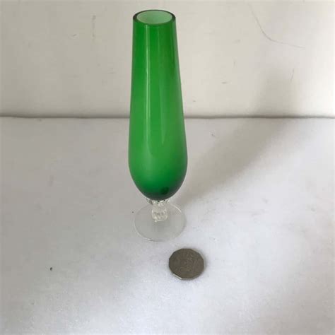 Retro 1970s Green Glass Bud Vase Clear Glass Swirl Base Milk Glass