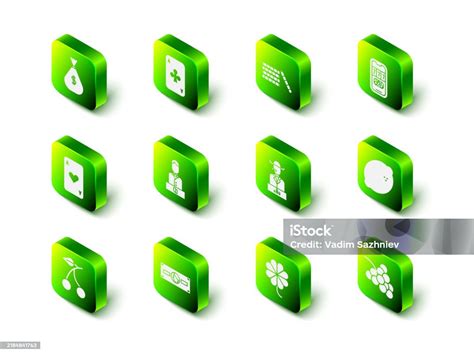 클럽 카지노 칩 포커 토너먼트 초대장 슬롯 머신 레몬 포도 포커 플레이어 클로버 및 스택 지폐 현금 아이콘과 카드 놀이 세트 벡터 3차원 형태에 대한 스톡 벡터 아트 및