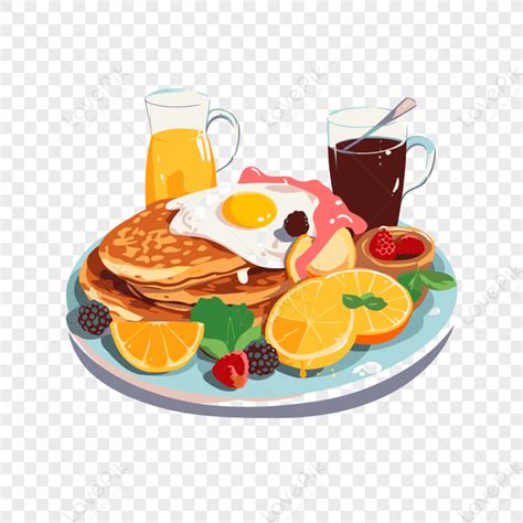접시 만화에 계란과 과일을 곁들인 팬케이크의 무료 아침 클립 아트 아침 식사 벡터 Png 일러스트 무료 다운로드 Lovepik