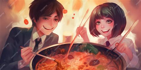 Premium Photo Anime Couple Eating A Bowl Of Noodles With Chopsticks