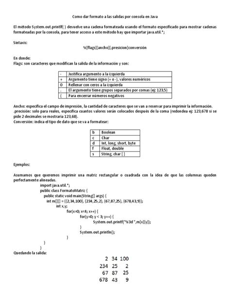 como dar formato a las salidas por consola en java pdf