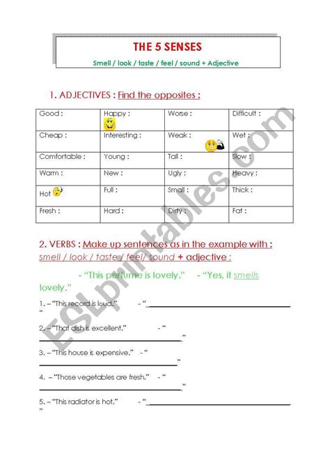 The 5 Senses Verb Feellooksoundsmelltaste Adjective Esl