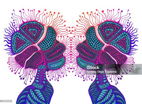 Nfantastic 환각 추상 샤먼 장식 그라데이션 네온 색상 고립 된 흰색 배경 판타지 보헤미안 요소입니다 벡터 그림입니다 초현실적 인 낙서 패턴입니다 추상 패턴을 미러