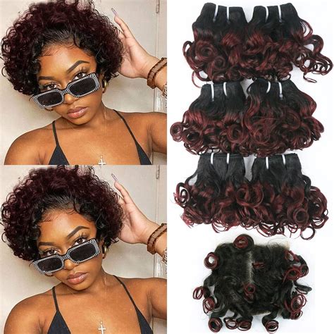 1b 99j Ombre Short Curly Wavy Bundles With Closure Brazilian Wavy Curly 6 Bundles