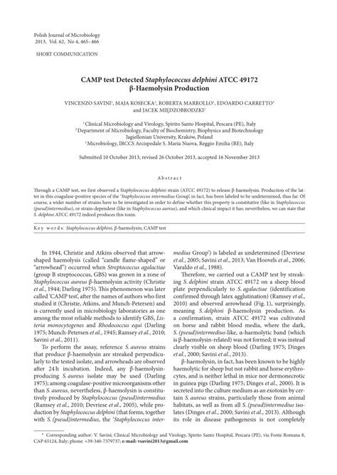 Pdf Camp Test Detected Staphylococcus Delphini Atcc49172 β Haemolysin Production