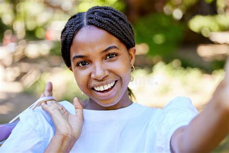 Black Woman Shopping And Portrait Smile For Selfie Social Media Or Post In The Outdoor Park