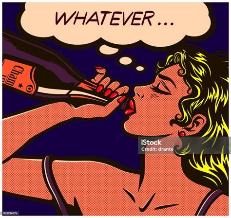 팝 아트 만화 부주의 여자 진 탕 마시는 그녀의 슬픔 알코올 남용 벡터 일러스트 레이 션을 익사 팝 아트에 대한 스톡 벡터 아트 및 기타 이미지 Istock