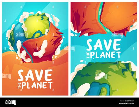 Save Planet Posters With Earth Globe With Dry Part Vector Banners Of