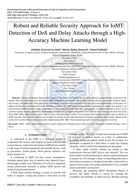 Pdf Robust And Reliable Security Approach For Iomt Detection Of Dos And Delay Attacks Through