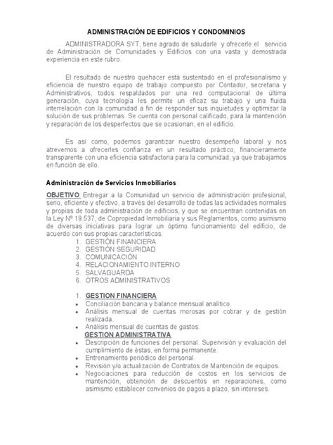 Propuesta De Administración De Condominios Pdf Condominio