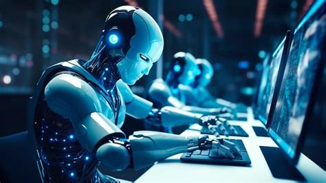 Premium Ai Image A Robot Is Immersed In Its Work Typing Away On A