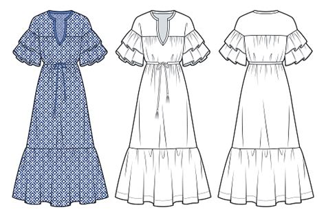 프릴 슬리브 드레스 테크니컬 패션 일러스트레이션 플로럴 디자인 계층 드레스 패션 플랫 기술 도면 템플릿 Drawstrind 허리 전면 및 후면도 화이트 블루 여성 Cad