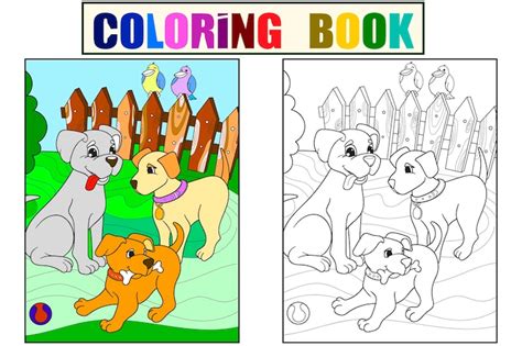 자연에 어린이 색상 및 색칠하기 책 만화 가족 엄마 개와 강아지 어린이 프리미엄 벡터