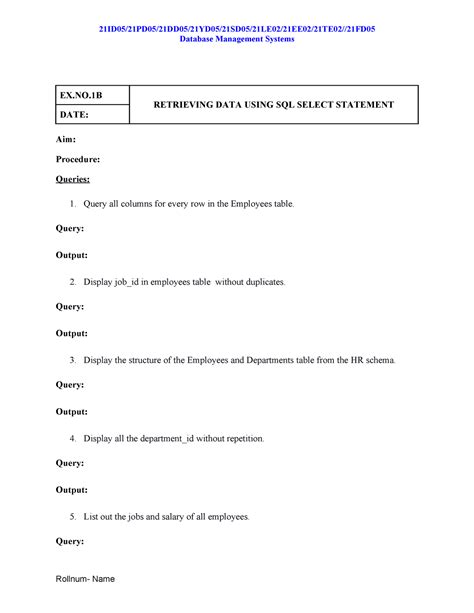 Ex Hbjiljljl7 Database Management Systems EX NO RETRIEVING DATA
