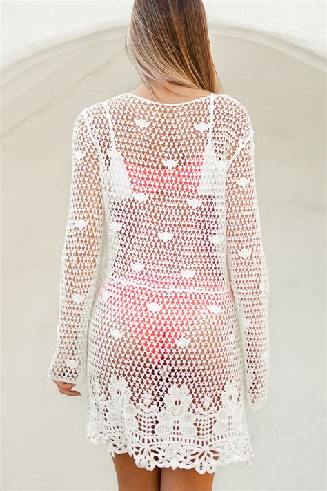 White Crochet Long Sleeve Cover Up