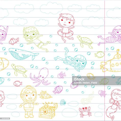 수 중 워터 파크 아이 바다와 바다 모험입니다 여름입니다 아이 그림입니다 낙서 이미지입니다 아이 들과 함께 만화 생물입니다