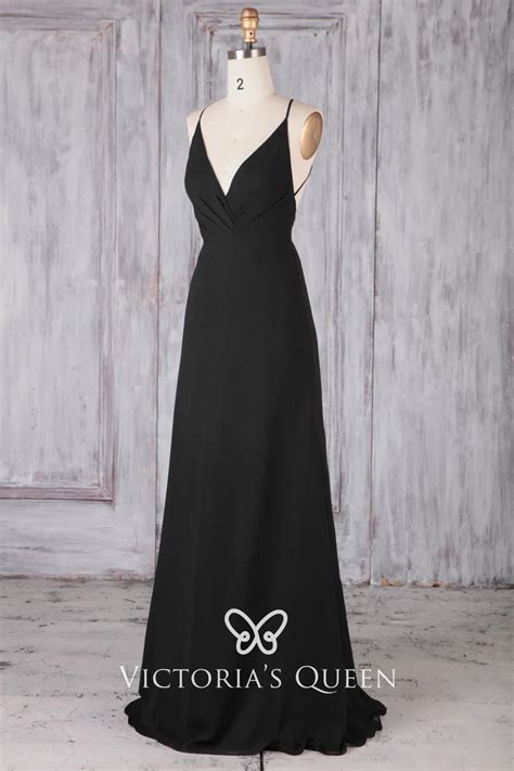 Black Chiffon Bridesmaid Dress V Neck Spaghetti Straps Vq
