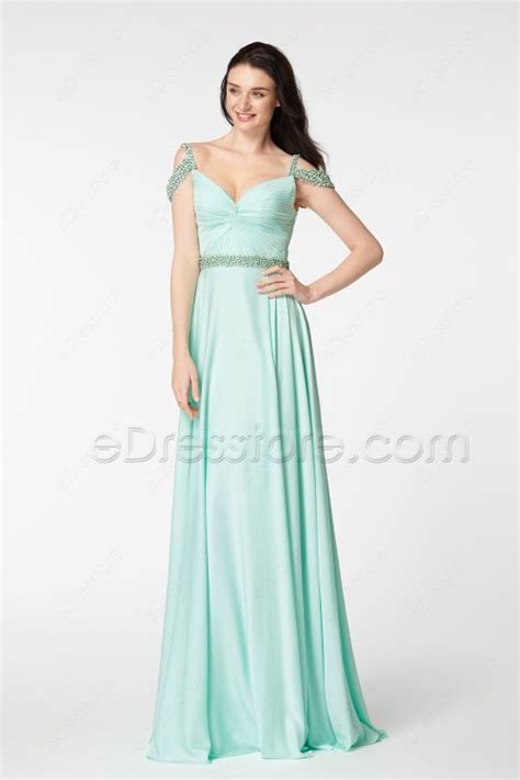 Mint Green Off The Shoulder Beaded Long Prom Dresses EDresstore
