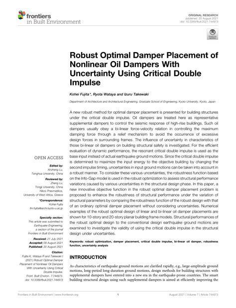 Pdf Robust Optimal Damper Placement Of Nonlinear Oil Dampers With