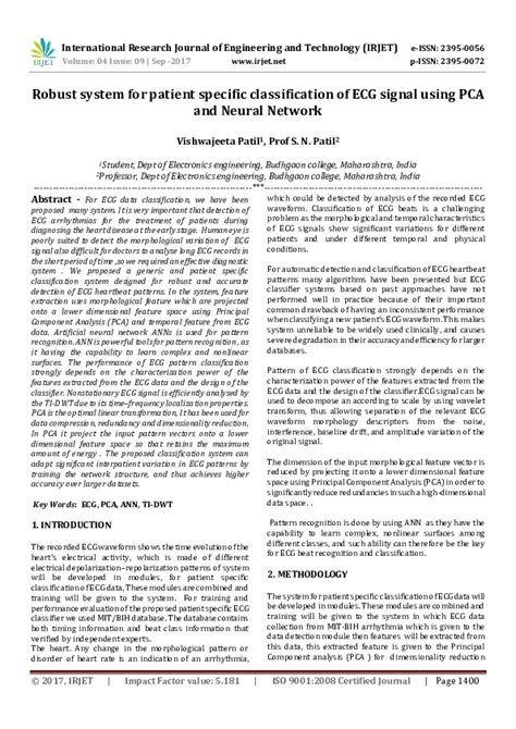 Pdf Robust System For Patient Specific Classification Of Ecg Signal Using Pca And Neural Network