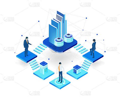 等距3d商业环境与服务器室，业务人员工作和交流周围。技术、互联网、数据保护、个人安全、全球化理念