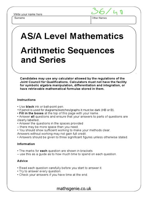 Asa Level Mathematics Arithmetic Sequences And Series Mathsgenie Couk Pdf Arithmetic