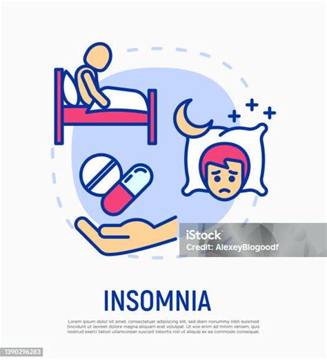 얇은 라인 아이콘불면증 불면증 침대에 앉아 있는 남자 불안 낮은 멜라토닌 알약과 손 수면 장애 벡터 그림입니다 문제에 대한 스톡