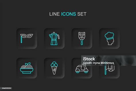 세트 라인 플래그 이탈리아 스쿠터 와플 아이스크림 파스타 스파게티 이탈리아 요리사 카니발 마스크 커피 메이커 모카 포트 및 아이콘 벡터 0명에 대한 스톡 벡터 아트 및 기타