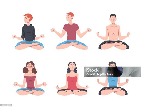 파드마사나 또는 연꽃 포지션 연습 중재 벡터 세트에 앉아 젊은 남자와 여자 십자가 다리 연꽃자세에 대한 스톡 벡터 아트 및 기타