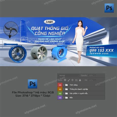 banner quạt thông gió công nghiệp có người mẫu đứng cạnh sản phẩm giá