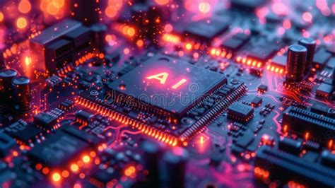 AI Processor Glows With Neon Light Microchip Of Artificial Intelligence On Pcb Concept Of Chip