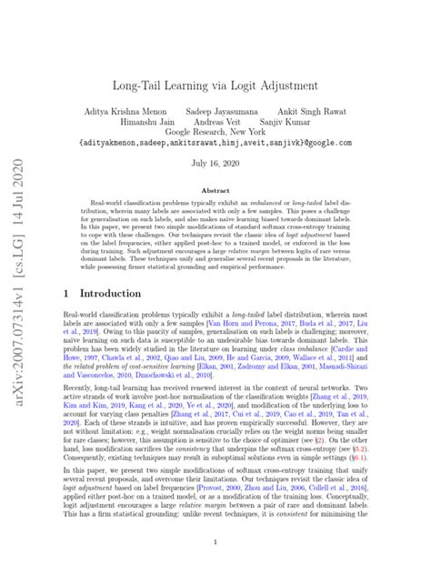 Long Tail Learning Via Logit Adjustment Pdf Logarithm Artificial