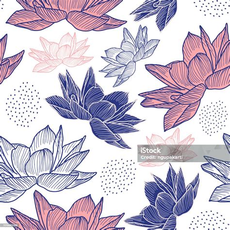 손으로 그린 스타일 연꽃 빈티지 장식과 꽃 그리기 원활한 패턴 벡터 일러스트 는 패션 섬유 인쇄 준비 반복합니다 벡터에 대한 스톡 벡터 아트 및 기타 이미지 Istock