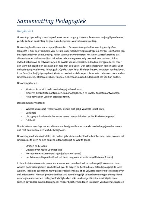 Samenvatting Pedagogiek Samenvatting Pedagogiek Hoofdstuk 1 Opvoeding