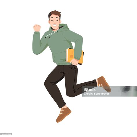 행복한 남자는 즐겁게 도약하거나 주먹으로 점프합니다 스웨터와 바지에 벡터 남자 도약 또는 기쁨에서 점프 좋은 분위기에서 대학생 대학생 교과서 노트북 또는 손에 책을 복사