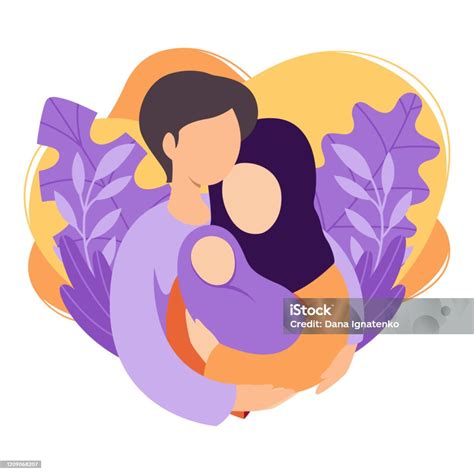 무슬림 어머니와 아버지가 신생아를 안고 있다 남편과 아내의 이슬람 부부는 부모가된다 남자는 아이와 여자를 포용 출산 아버지 육아